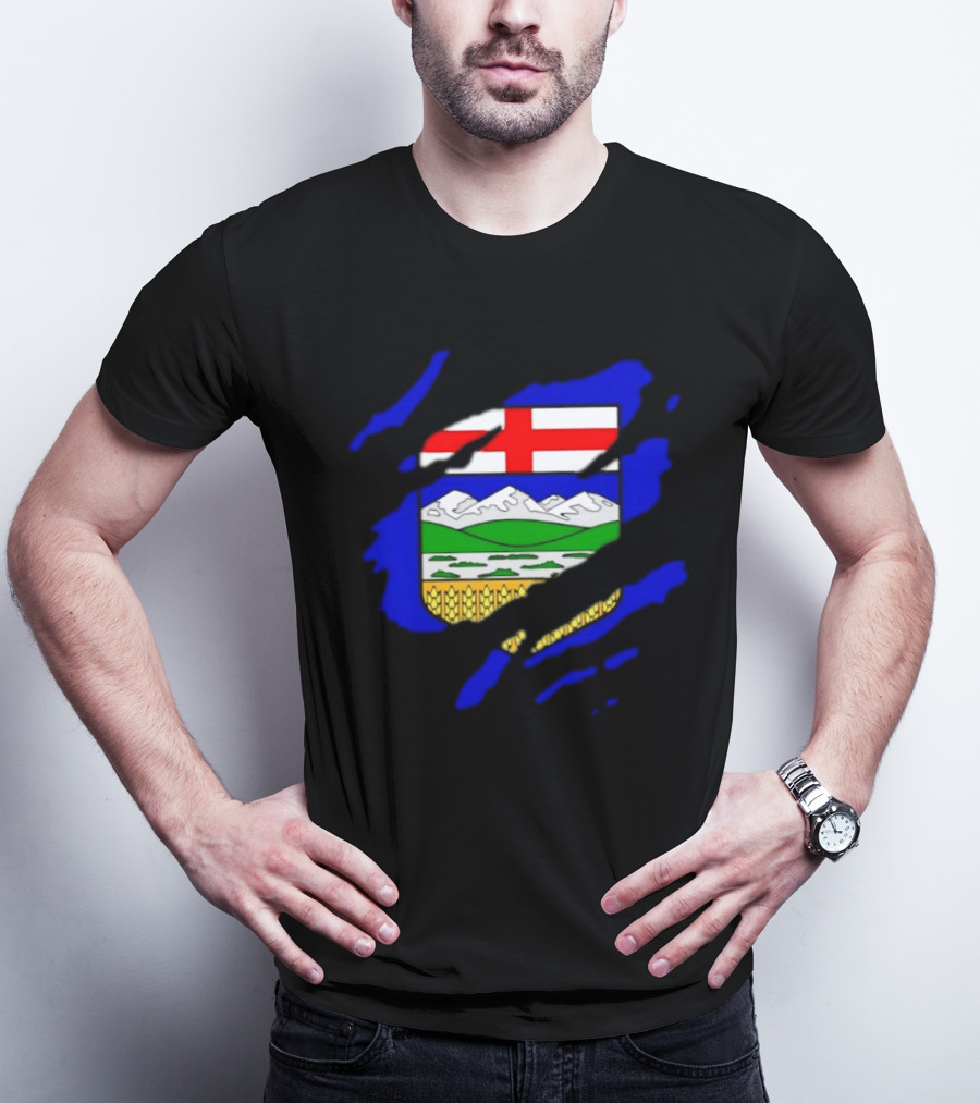 Alberta Coat Of Arms Ripped Effect Canada Flag Emblem Heritage Display T-Shirt
