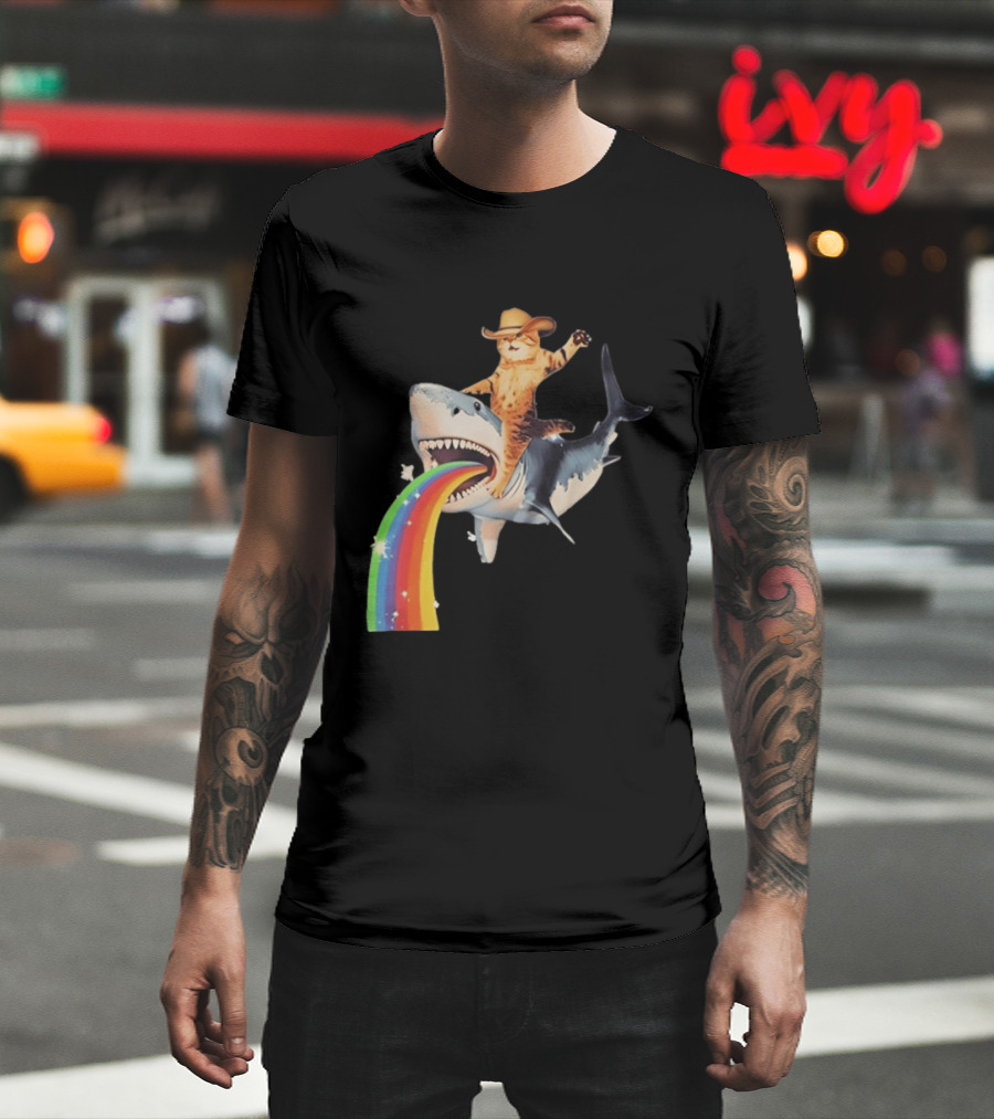 Cowboy Cat Riding Shark With Rainbow T-Shirt