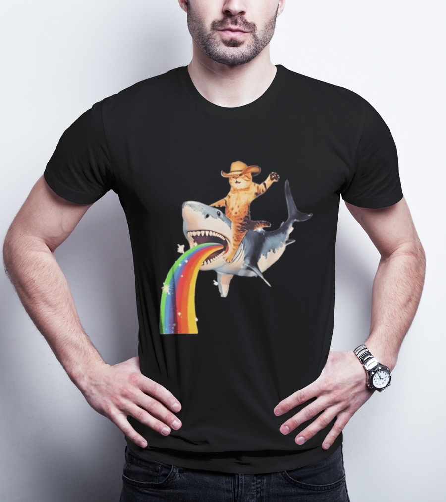 Cowboy Cat Riding Shark With Rainbow T-Shirt