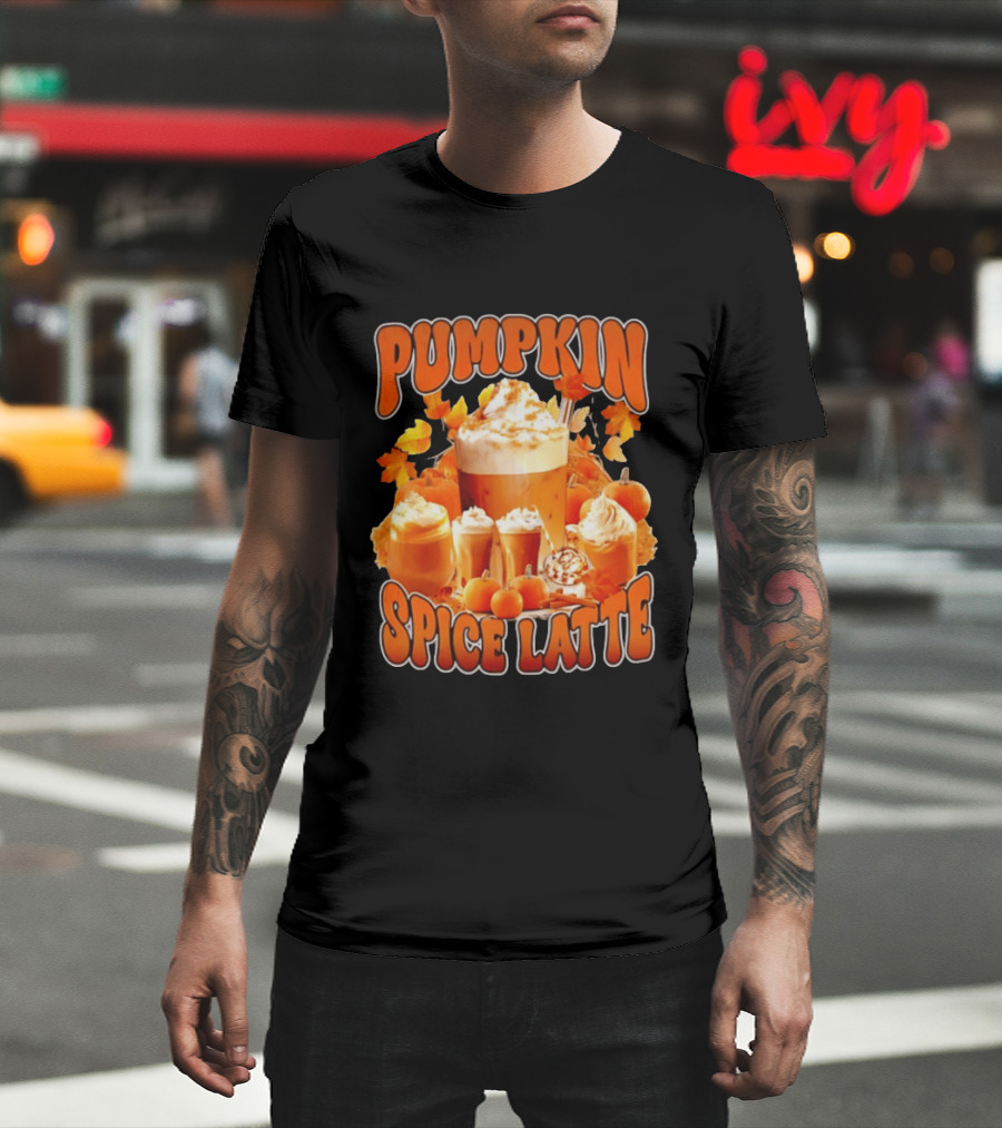 Pumpkin Spice Latte Fall Autumn Halloween Beverage With Whipped Cream And Leaves T-Shirt