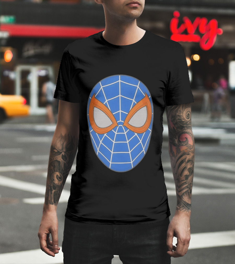 Spidey Spider Man Blue Mask With Orange Eyes And Web T-Shirt