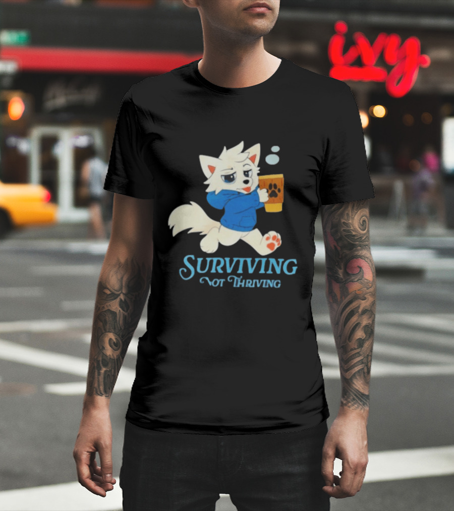 Surviving Not Thriving Cute Fox Coffee Paw Print T-Shirt