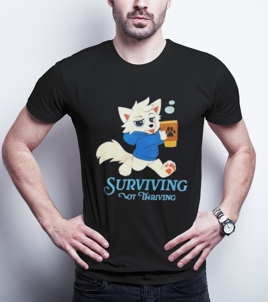 Surviving Not Thriving Cute Fox Coffee Paw Print T-Shirt