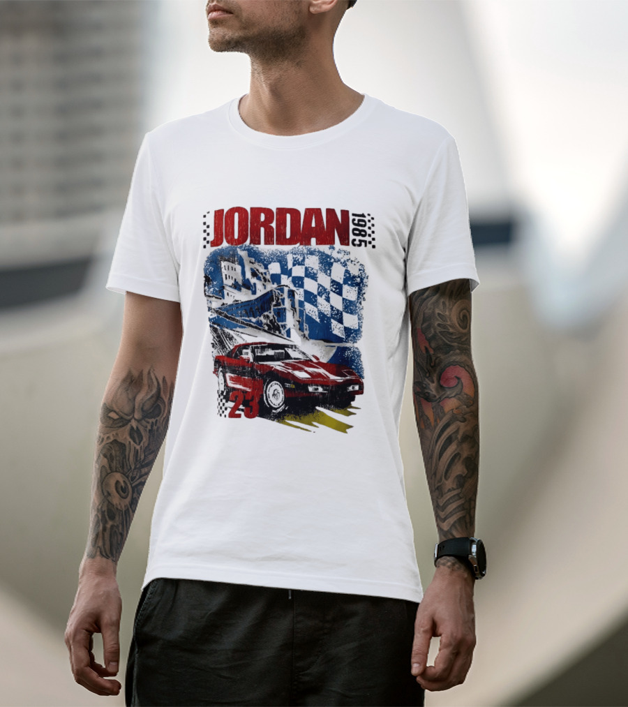 Jordan 23 Racing Brooklyn 1985 Checkered Red Sports Car Blue Flag T-Shirt