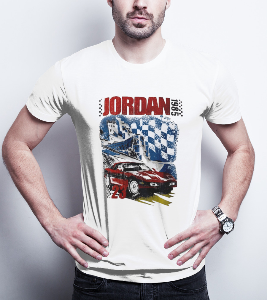 Jordan 23 Racing Brooklyn 1985 Checkered Red Sports Car Blue Flag T-Shirt