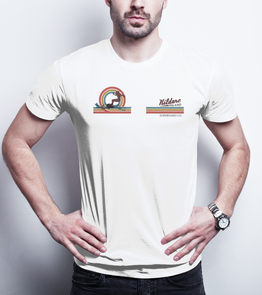 Kildare Island Surfboard Co Surfer With Rainbow Silhouette And Stripes T-Shirt