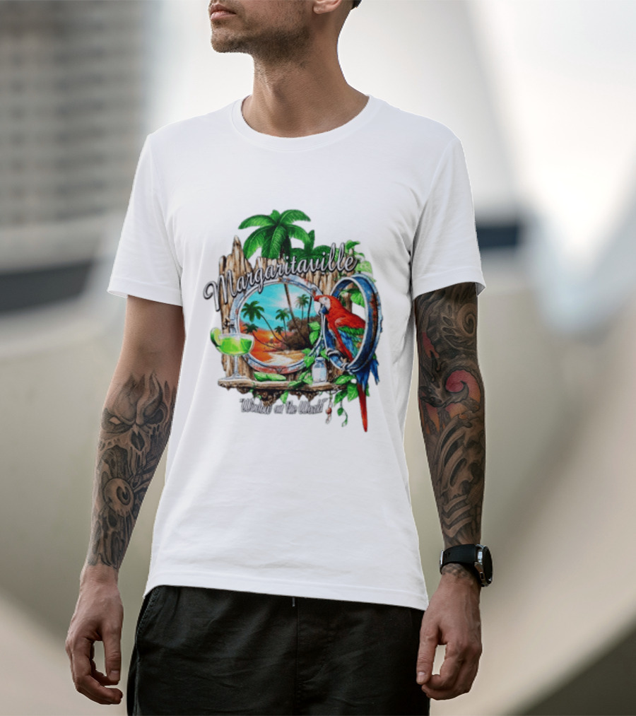 Margaritaville Tropical Parrot Beach Scene Window On The World T-Shirt