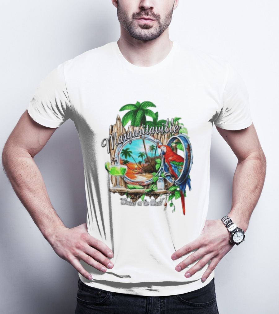Margaritaville Tropical Parrot Beach Scene Window On The World T-Shirt