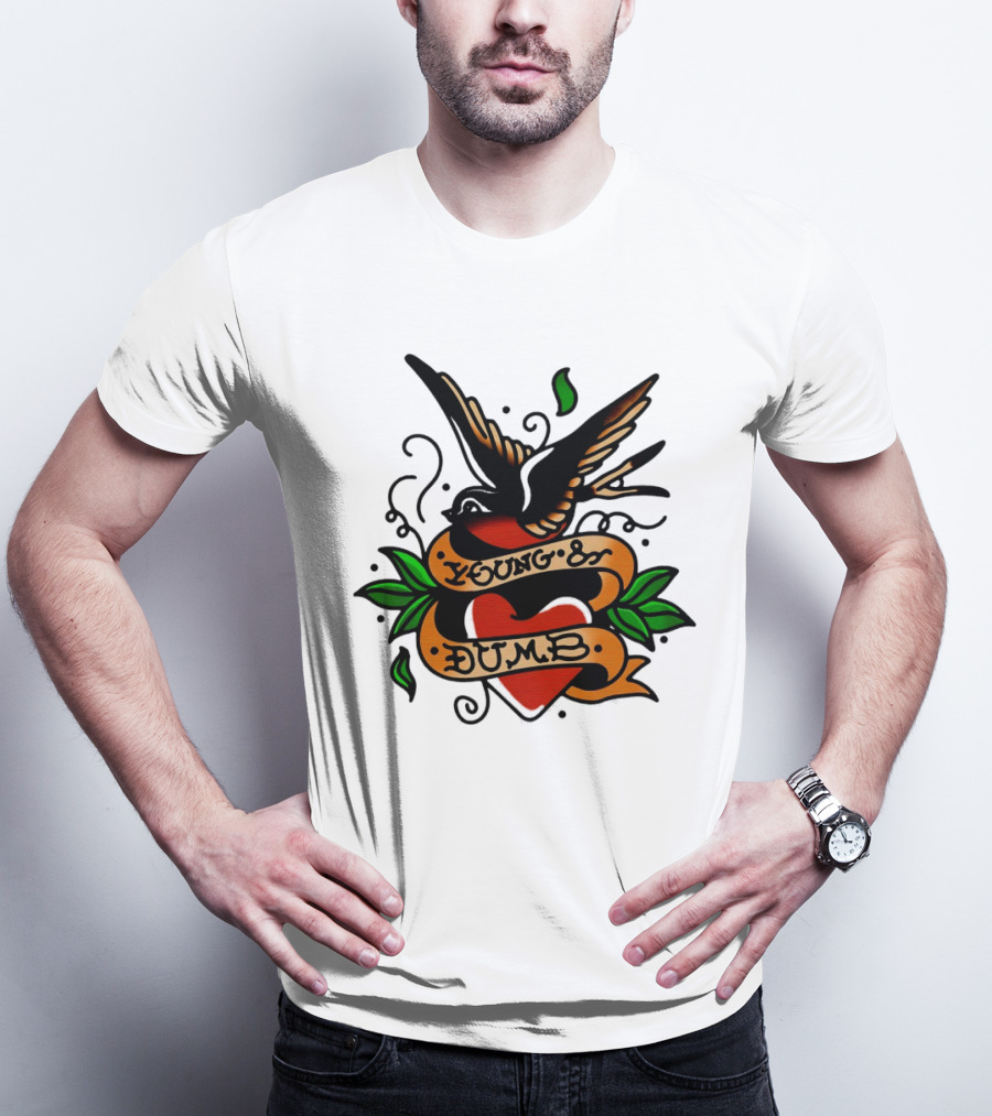 Young And Dumb Swallow Heart Tattoo Vintage Style With Banner And Leaves T-Shirt