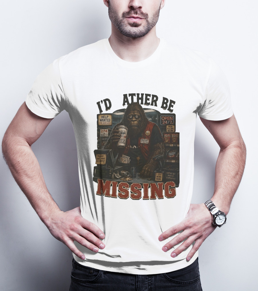 I'd Rather Be Missing Funny Bigfoot Gas Station Clerk Humor T-Shirt