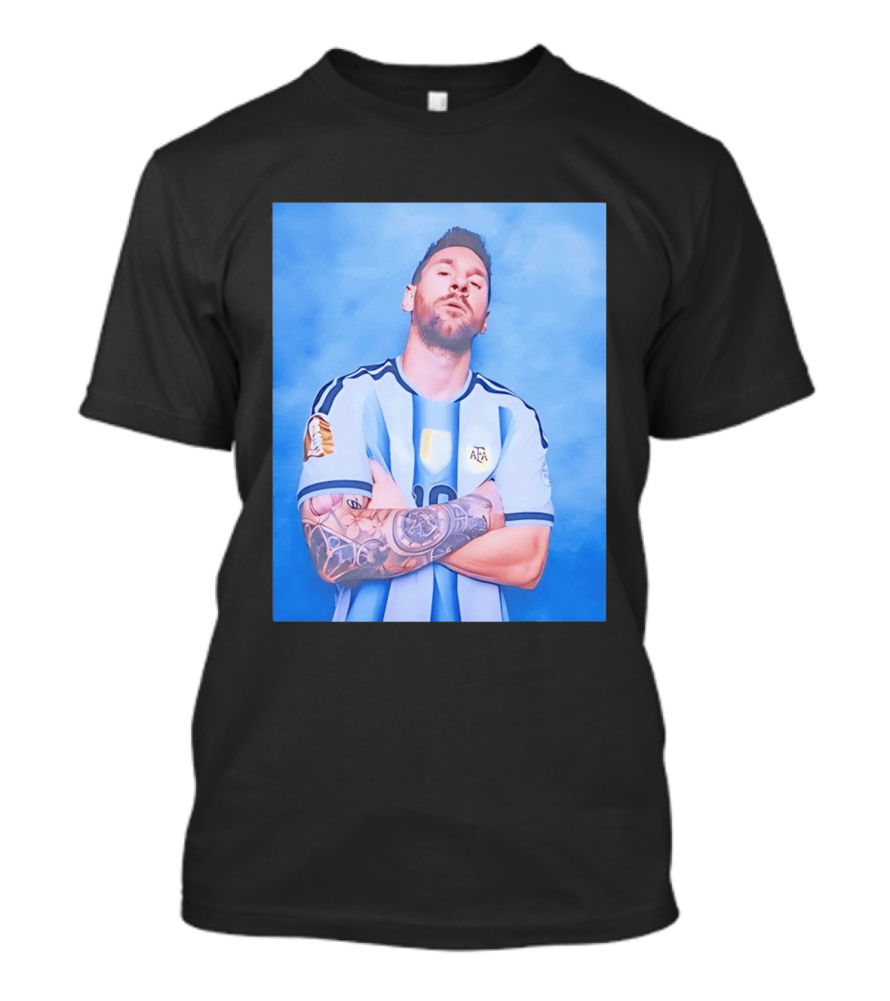 Lionel Messi With Argentina National Team Badge In Blue And White Stripes T-Shirt