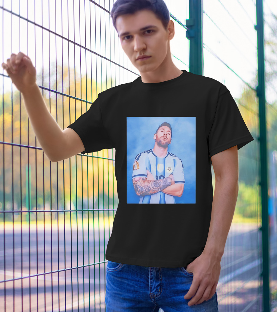 Lionel Messi With Argentina National Team Badge In Blue And White Stripes T-Shirt