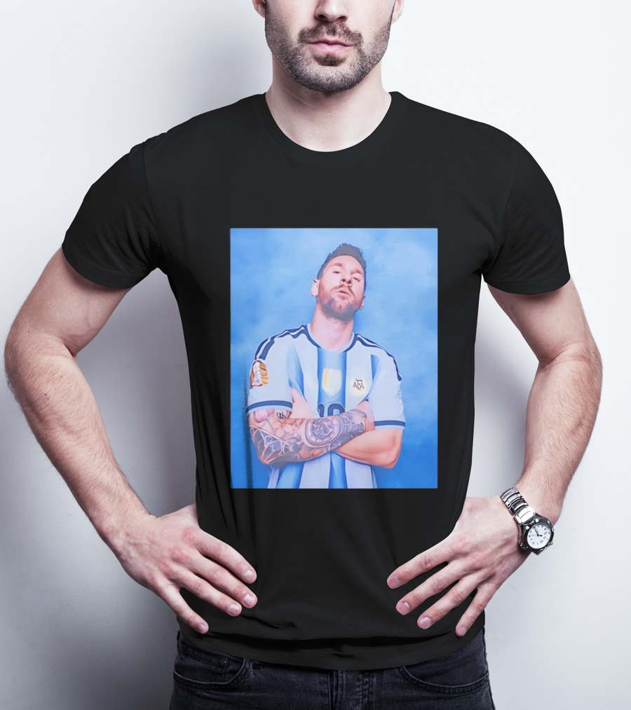 Lionel Messi With Argentina National Team Badge In Blue And White Stripes T-Shirt