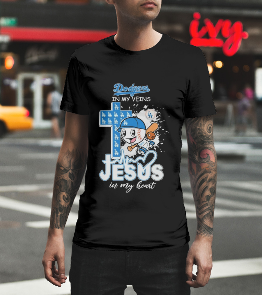 Los Angeles Dodgers In My Veins Jesus In My Heart LA Baseball Cross T-Shirt