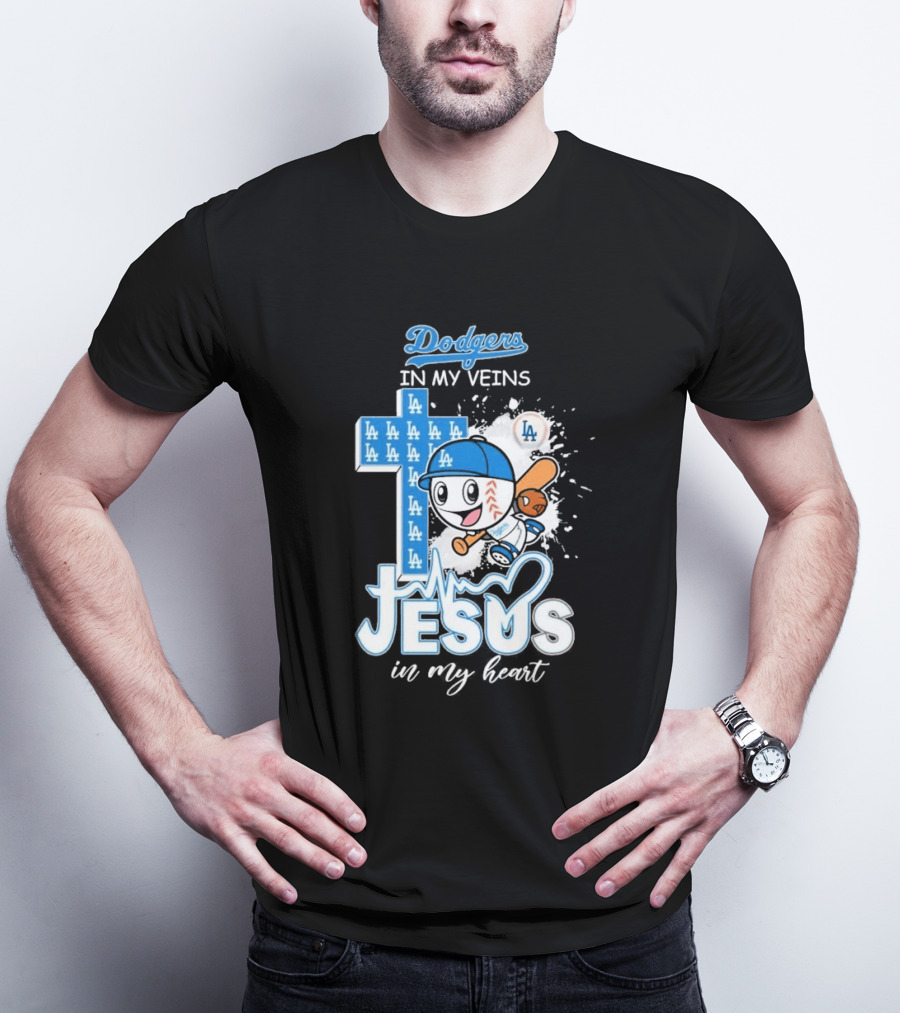 Los Angeles Dodgers In My Veins Jesus In My Heart LA Baseball Cross T-Shirt