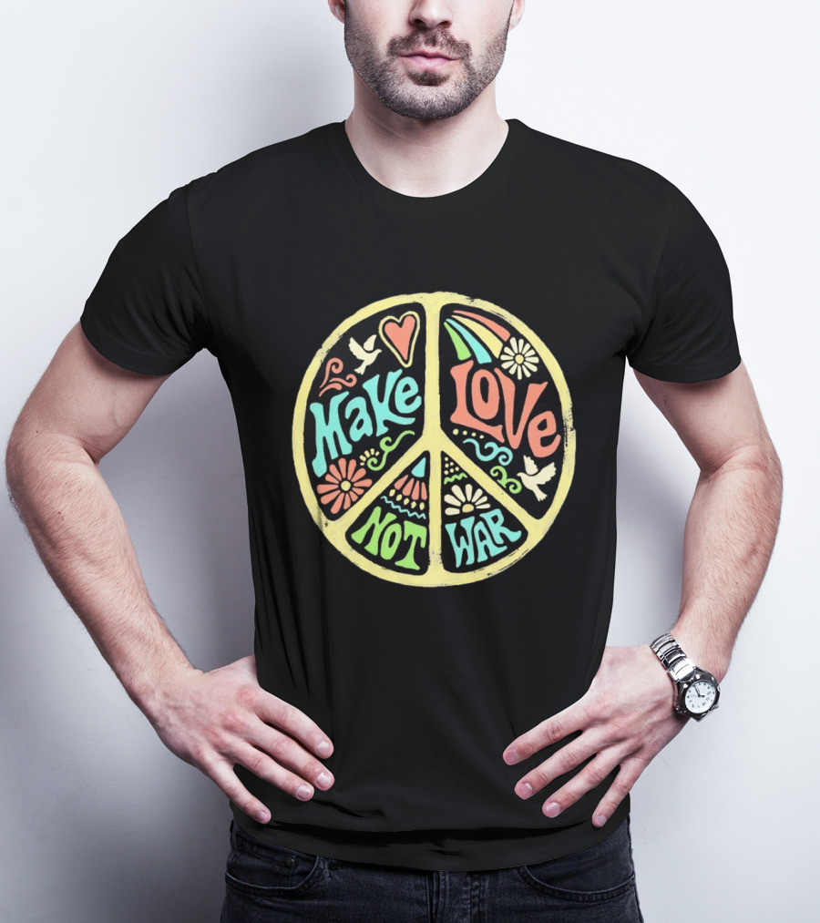 Make Love Not War Peace Sign Floral Rainbow Dove T-Shirt