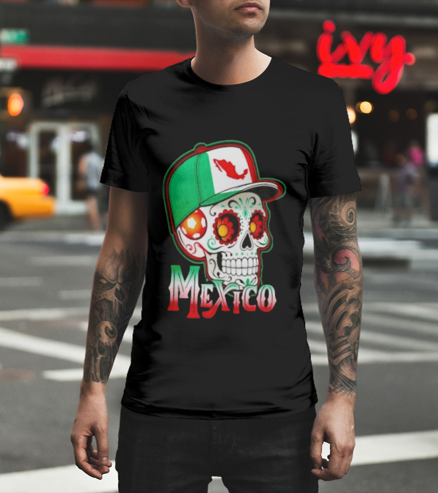 Mexico Sugar Skull Hat Map T-Shirt