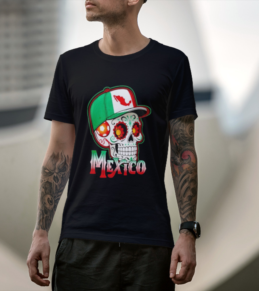 Mexico Sugar Skull Hat Map T-Shirt