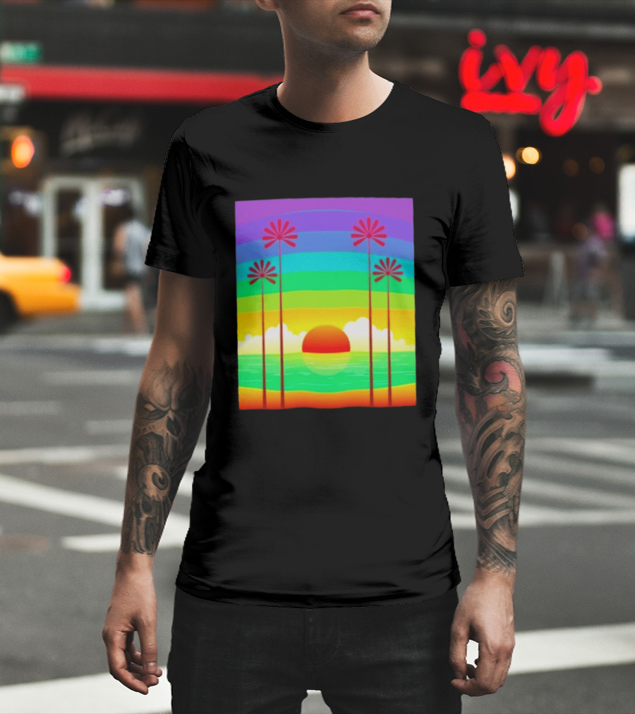Sunset With Palm Trees And Rainbow Summer Scene T-Shirt