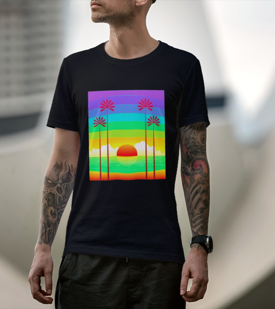 Sunset With Palm Trees And Rainbow Summer Scene T-Shirt