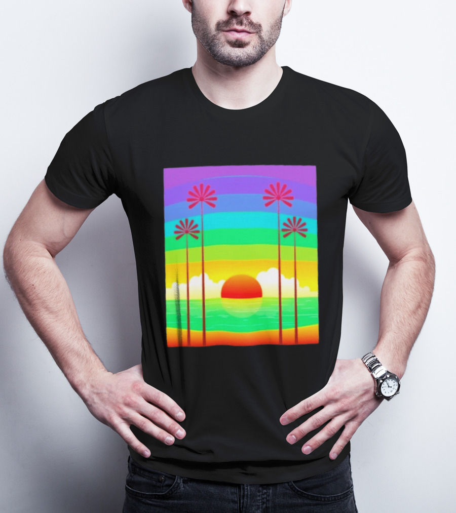 Sunset With Palm Trees And Rainbow Summer Scene T-Shirt