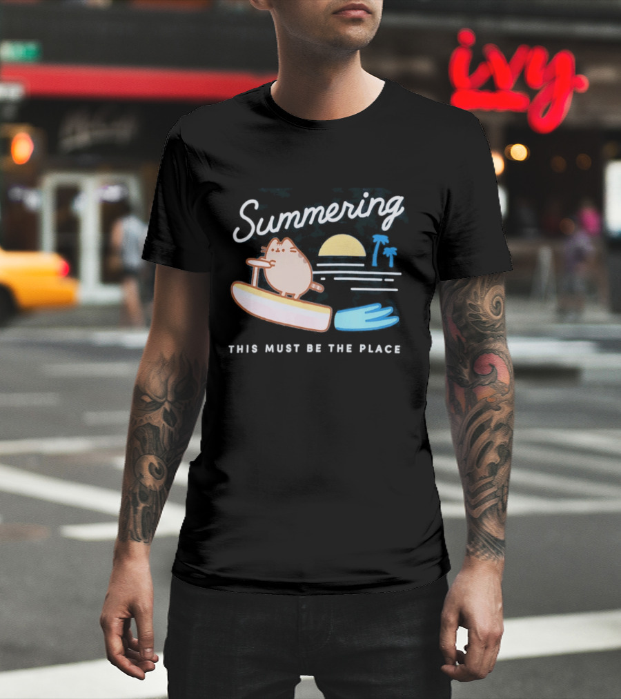 Summering This Must Be The Place Pusheen Surfing Cat Scene T-Shirt