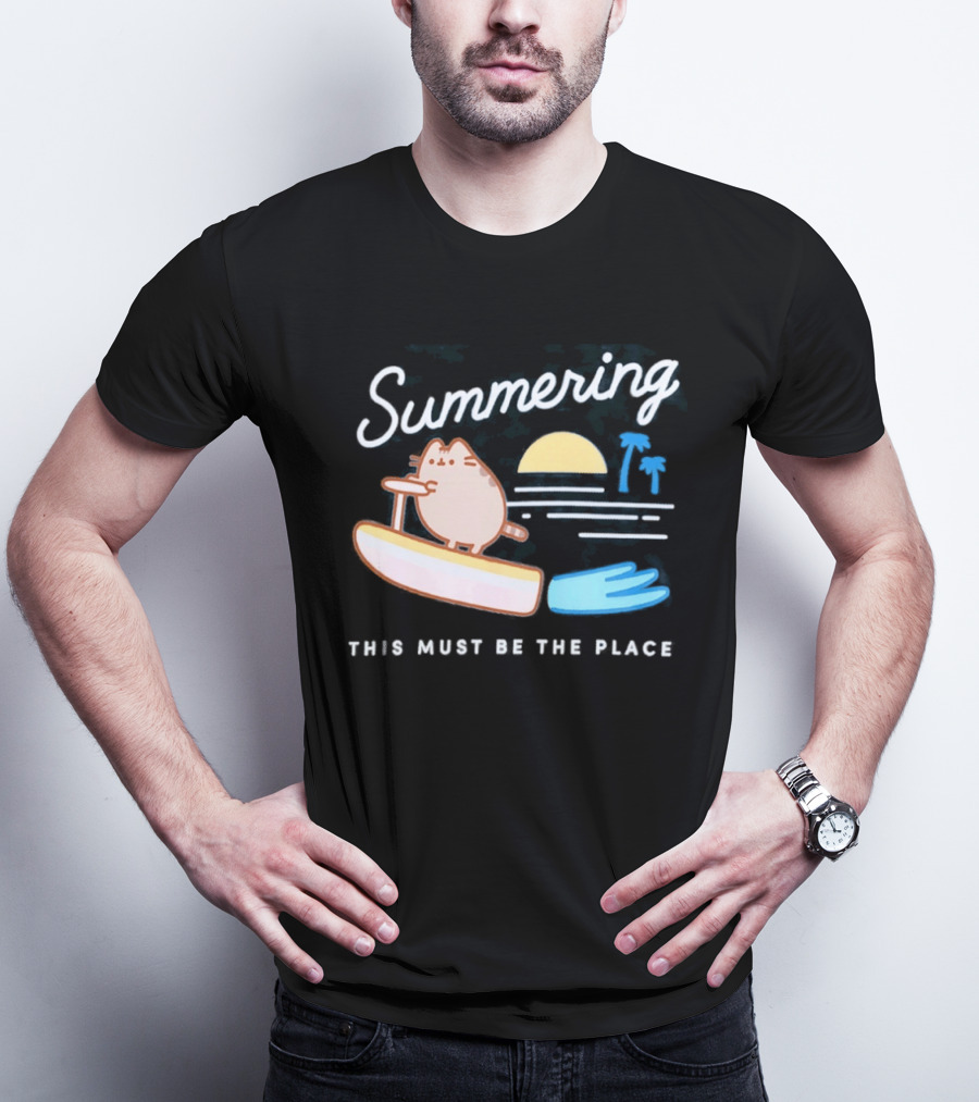Summering This Must Be The Place Pusheen Surfing Cat Scene T-Shirt