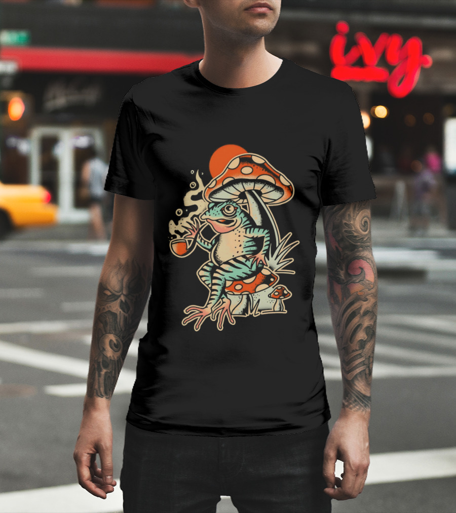 Frog Smoking Pipe Under Mushroom Tattoo T-Shirt