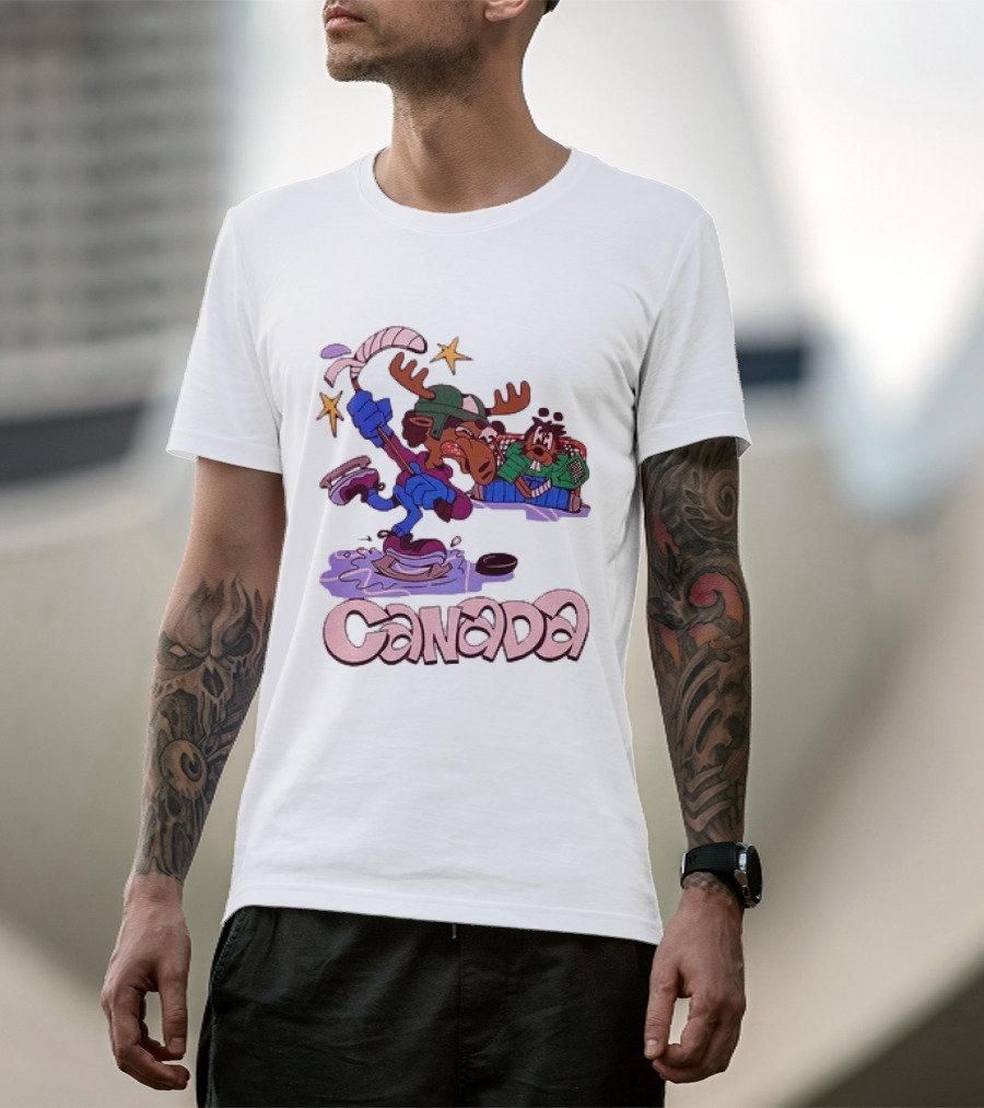Slushy Noobz Canada Hockey Moose Cartoon Ice Rink Scene T-Shirt