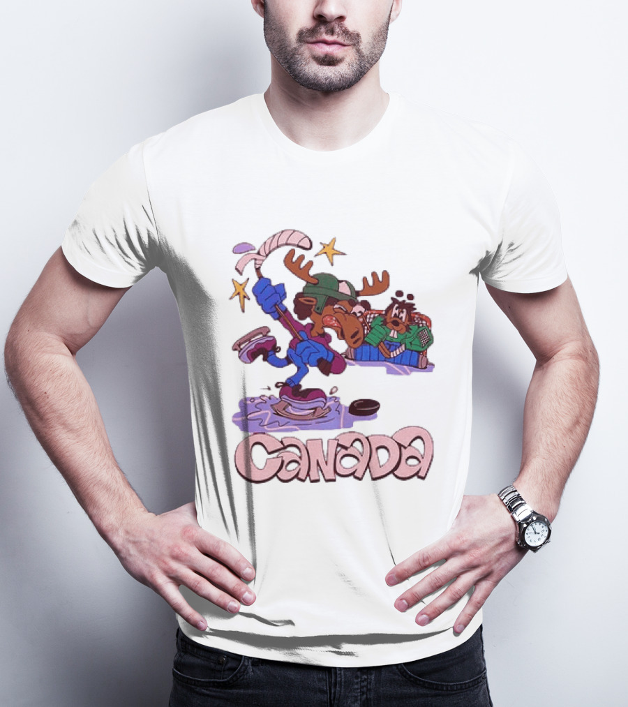 Slushy Noobz Canada Hockey Moose Cartoon Ice Rink Scene T-Shirt