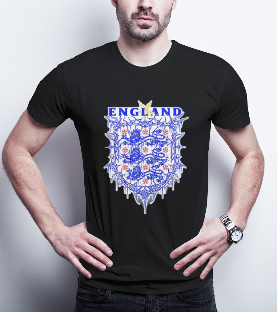 England Metal Crest Three Lions Emblem With Gothic Motif T-Shirt