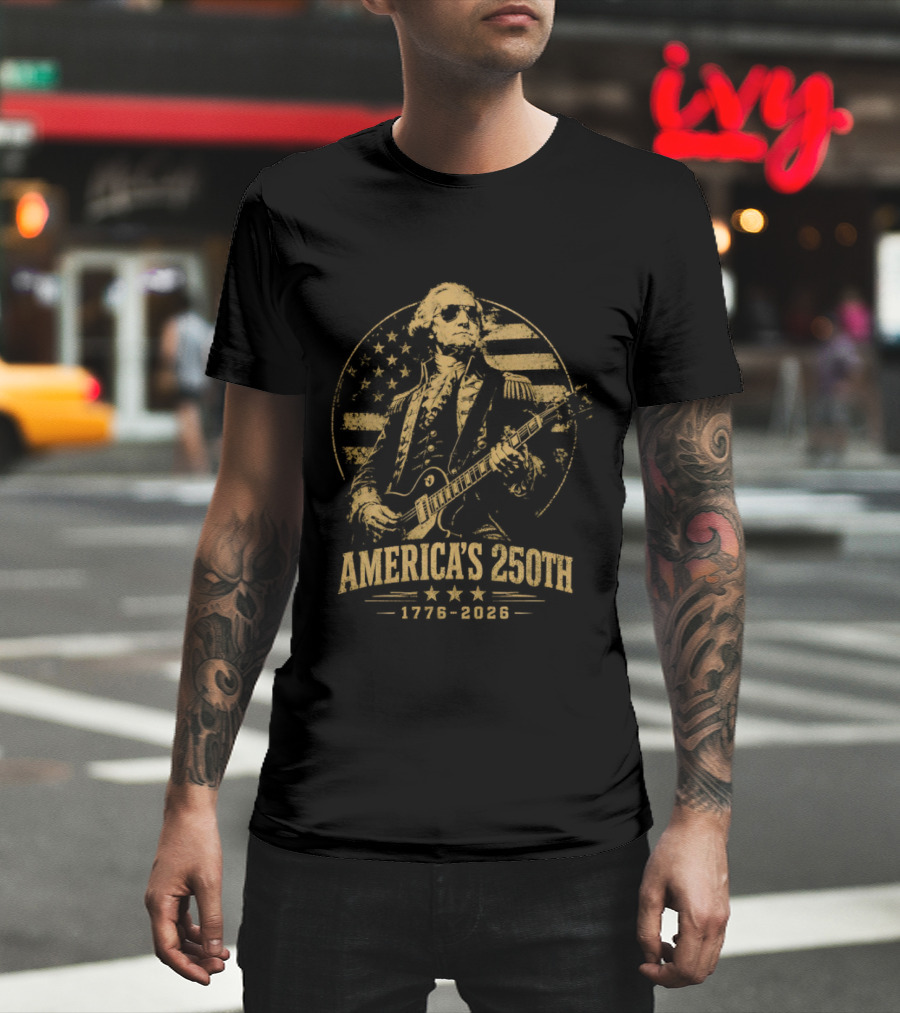 George Washington America's 250th 1776 2026 Rock And Roll Guitar USA Flag T-Shirt