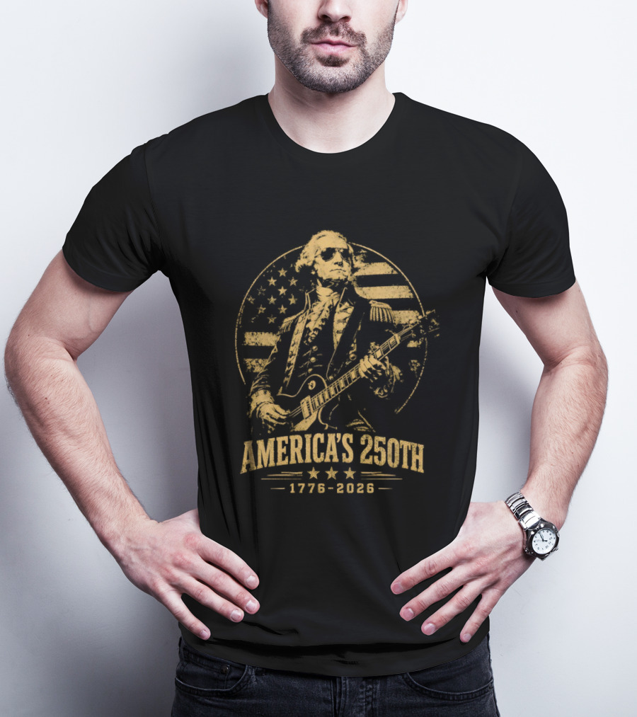 George Washington America's 250th 1776 2026 Rock And Roll Guitar USA Flag T-Shirt