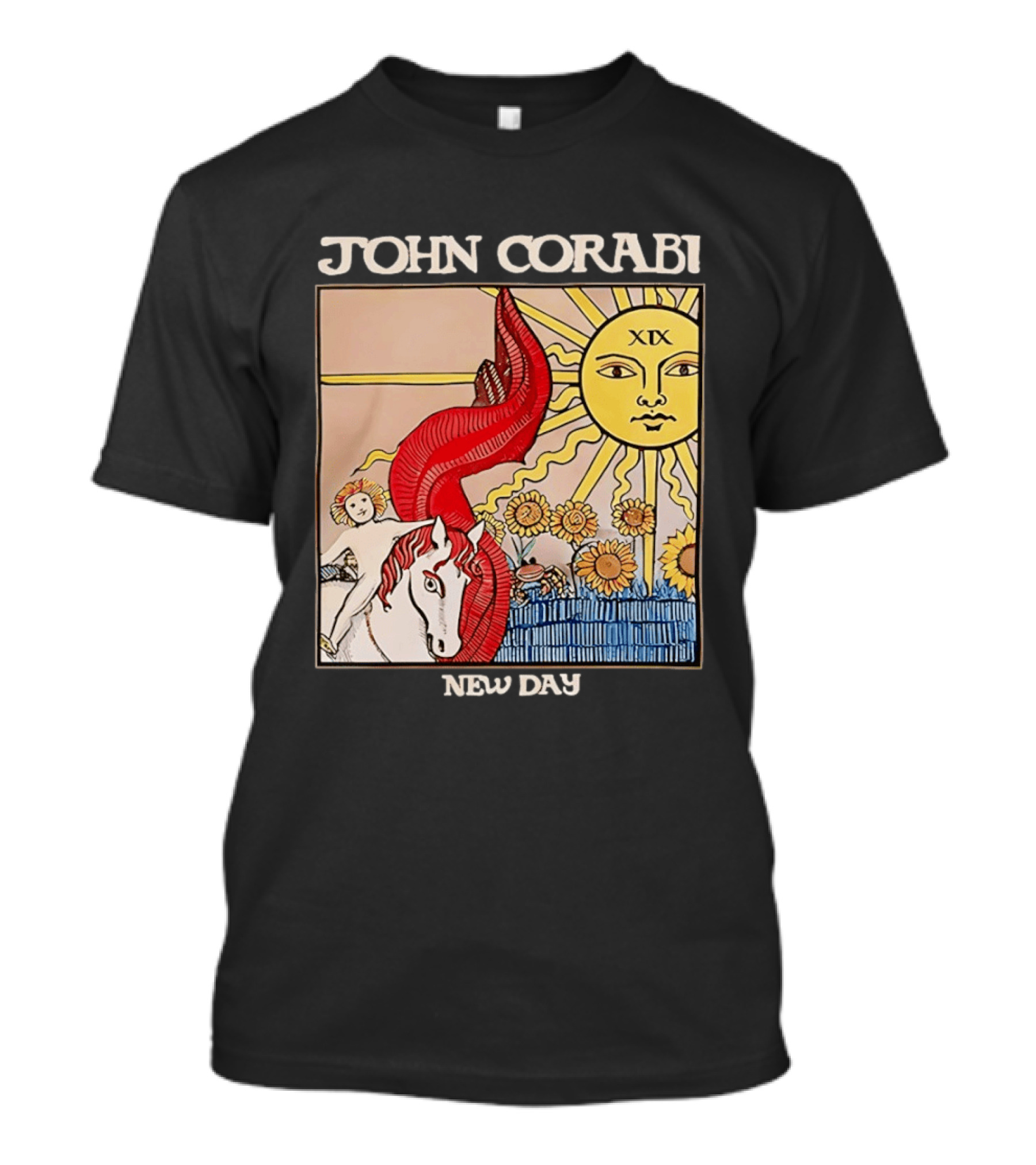 John Corabi New Day The Sun XIX Tarot Card Rider And Sunflowers T-Shirt