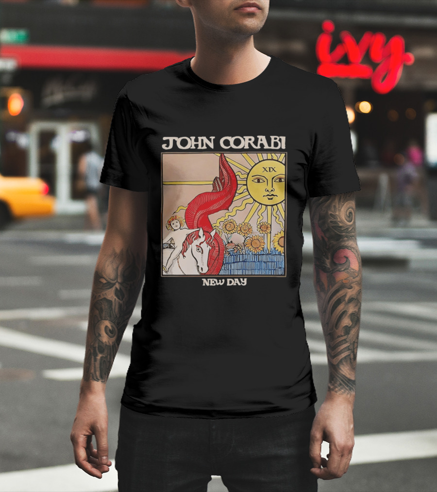John Corabi New Day The Sun XIX Tarot Card Rider And Sunflowers T-Shirt