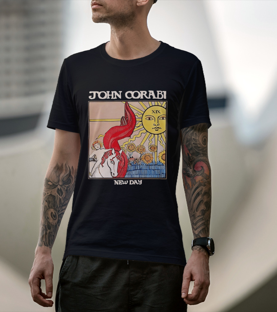 John Corabi New Day The Sun XIX Tarot Card Rider And Sunflowers T-Shirt