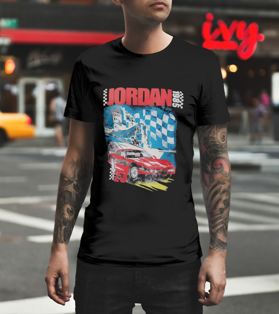 Jordan 1985 23 Chevrolet Corvette C4 Race Car Checkered Flag Racing T-Shirt