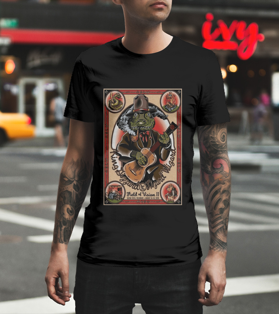 King Gizzard And The Lizard Wizard Field Of Vision II August 14 16 2026 Illustration With Lizard Playing Guitar T-Shirt