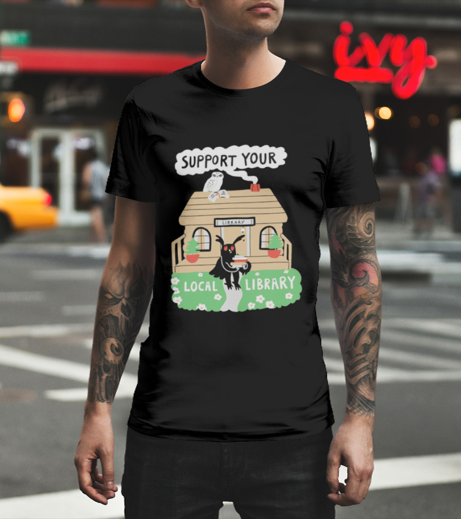 Support Your Local Library Mothman With Books And Cozy Cabin Reading T-Shirt