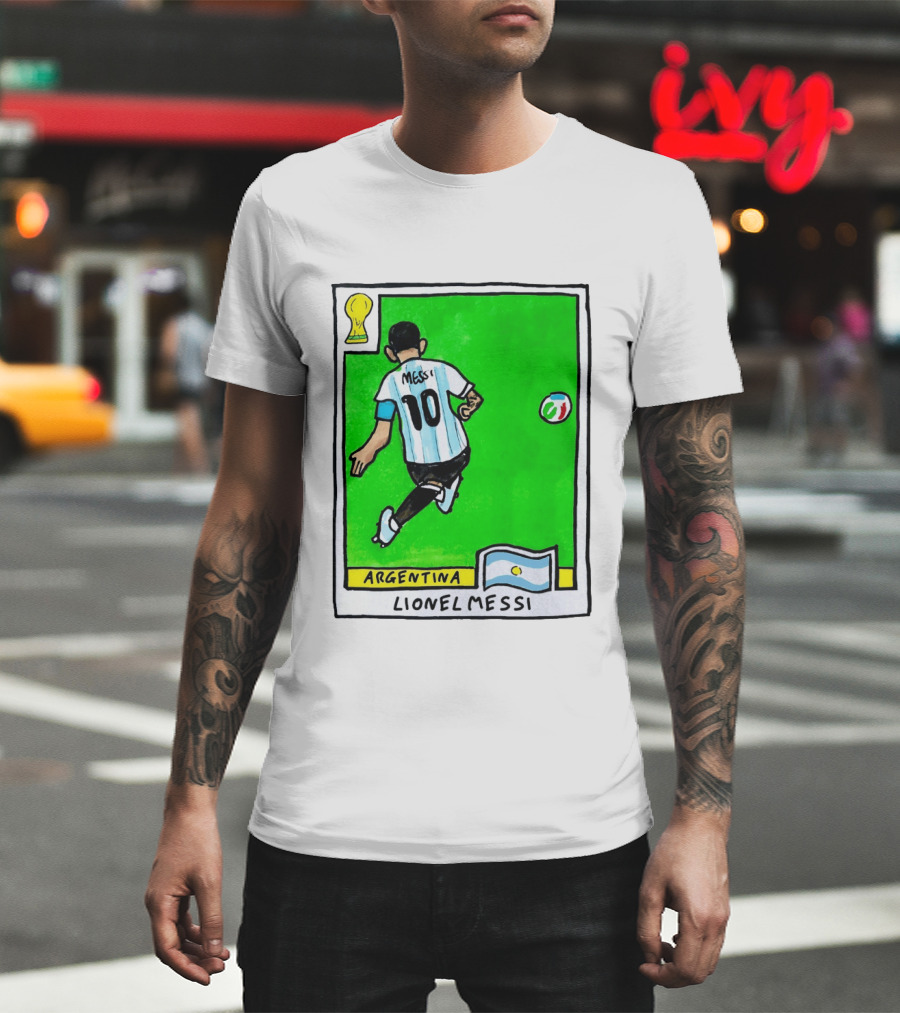 Lionel Messi Argentina Number 10 Football Card With World Cup And National Flag T-Shirt