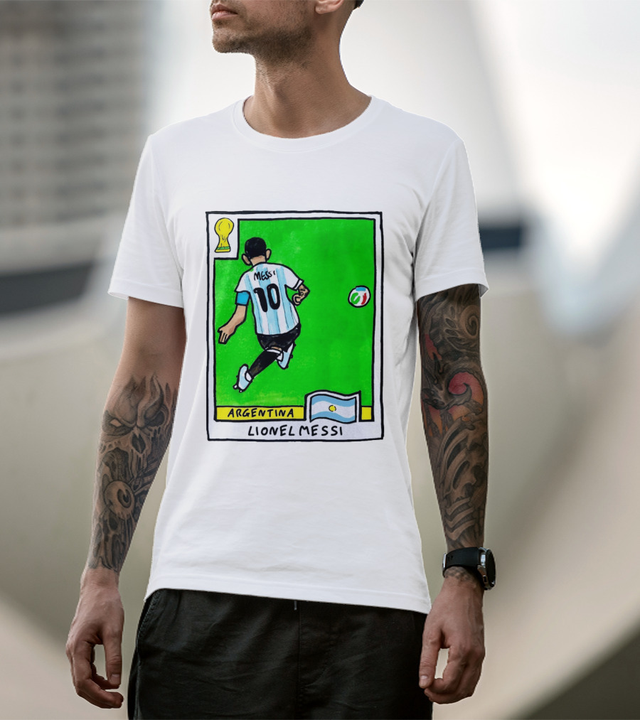 Lionel Messi Argentina Number 10 Football Card With World Cup And National Flag T-Shirt
