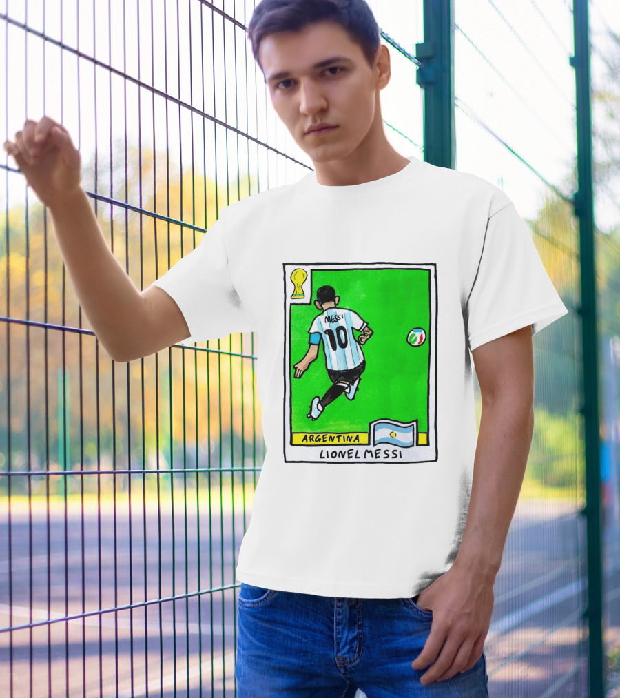 Lionel Messi Argentina Number 10 Football Card With World Cup And National Flag T-Shirt