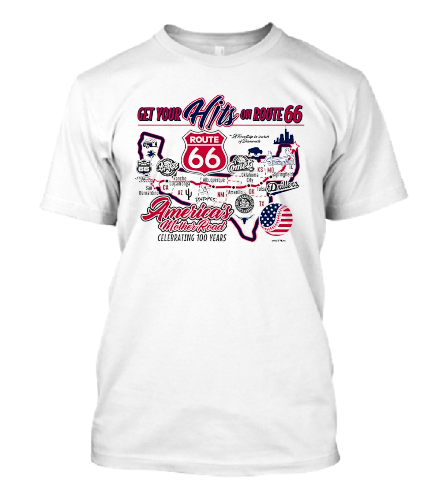Get Your Hits On Route 66 America's Mother Road Celebrating 100 Years Baseball Map T-Shirt