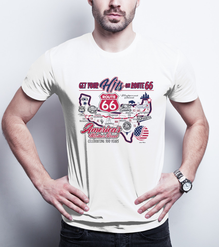 Get Your Hits On Route 66 America's Mother Road Celebrating 100 Years Baseball Map T-Shirt