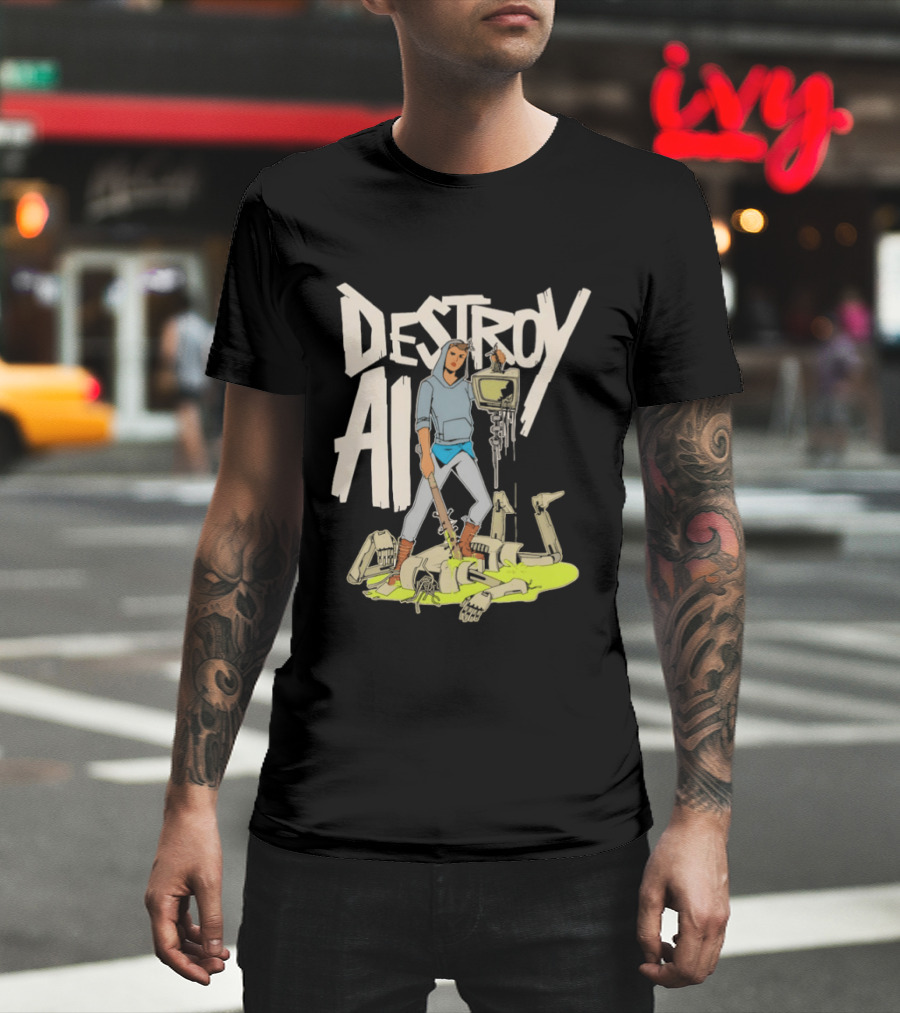 Destroy AI Sci Fi Cyberpunk Robot Resistance Heroic Battle Scene T-Shirt