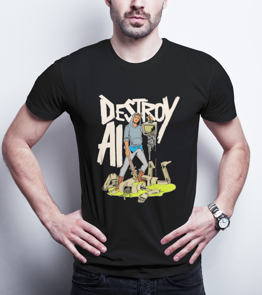 Destroy AI Sci Fi Cyberpunk Robot Resistance Heroic Battle Scene T-Shirt