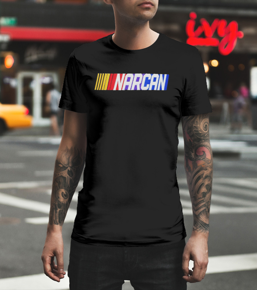 NASCAR Style NARCAN Text With Racing Stripes T-Shirt