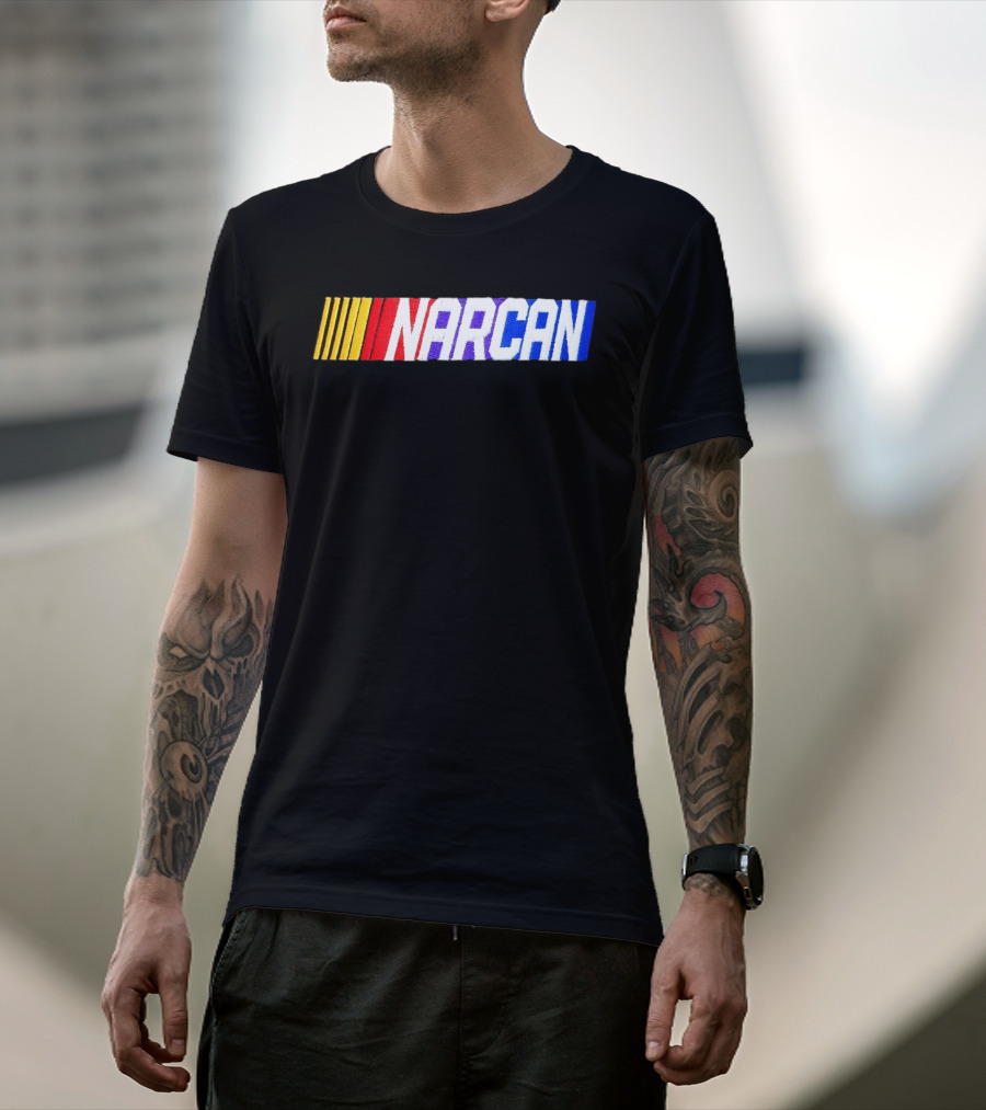 NASCAR Style NARCAN Text With Racing Stripes T-Shirt