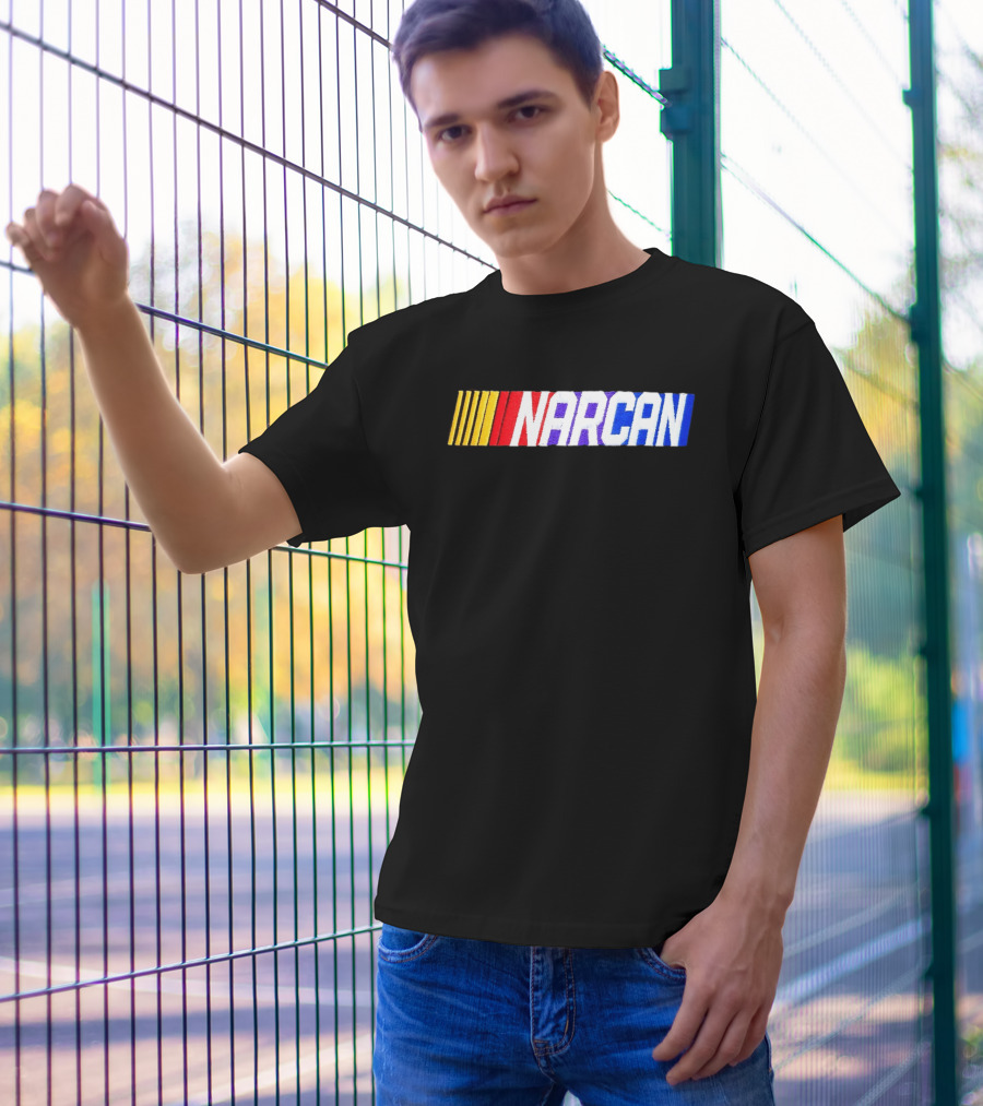 NASCAR Style NARCAN Text With Racing Stripes T-Shirt