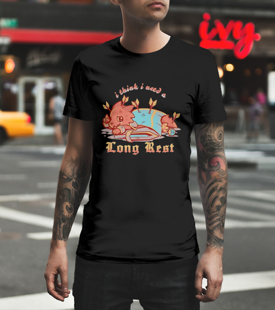 I Think I Need A Long Rest Warrior Cat Lying With Arrows DnD T-Shirt